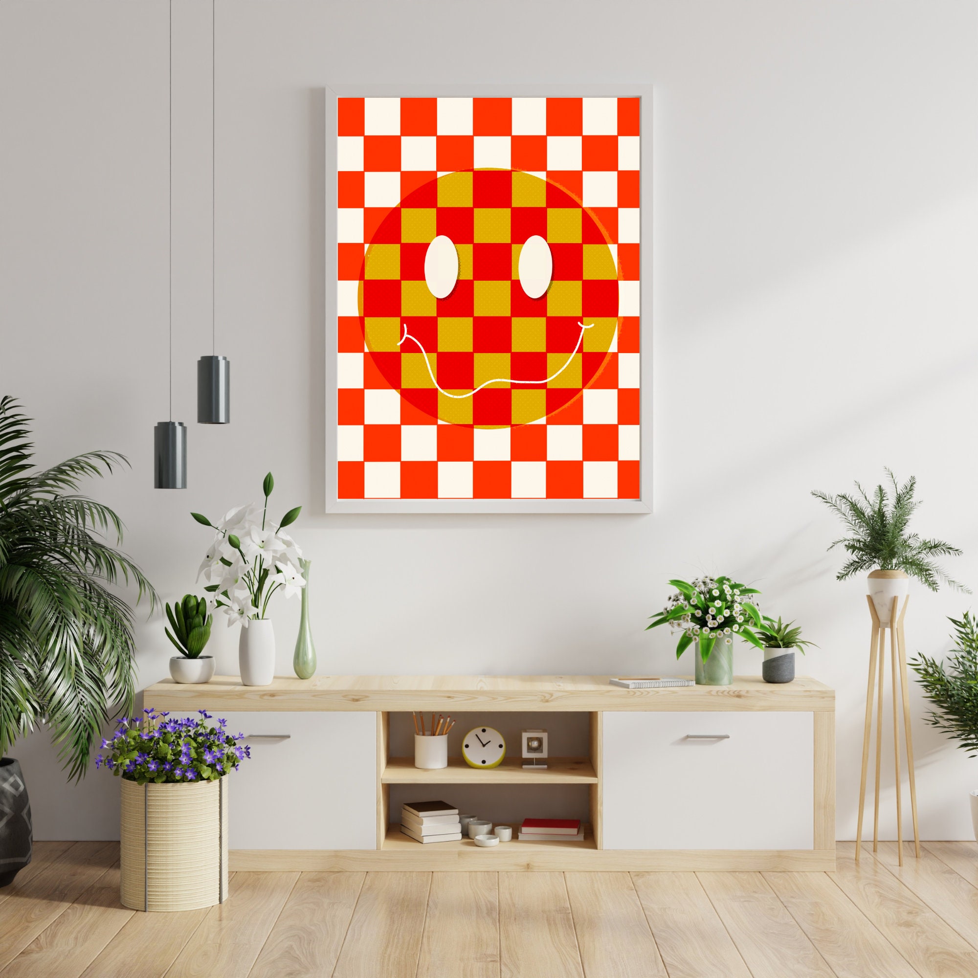 Checkered Smile Wall Art, Orange Checkered Smiley Face Wall Art, Red ...