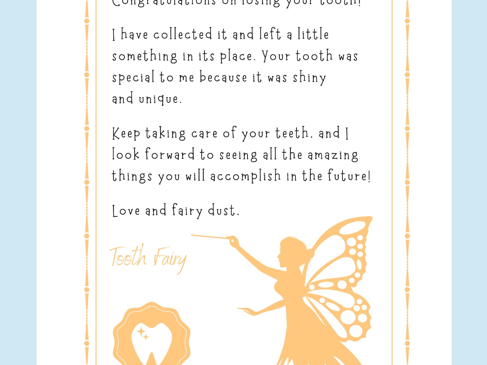 Letter From the Tooth Fairy for Kids Minimal Tooth Fairy Kids Letter ...