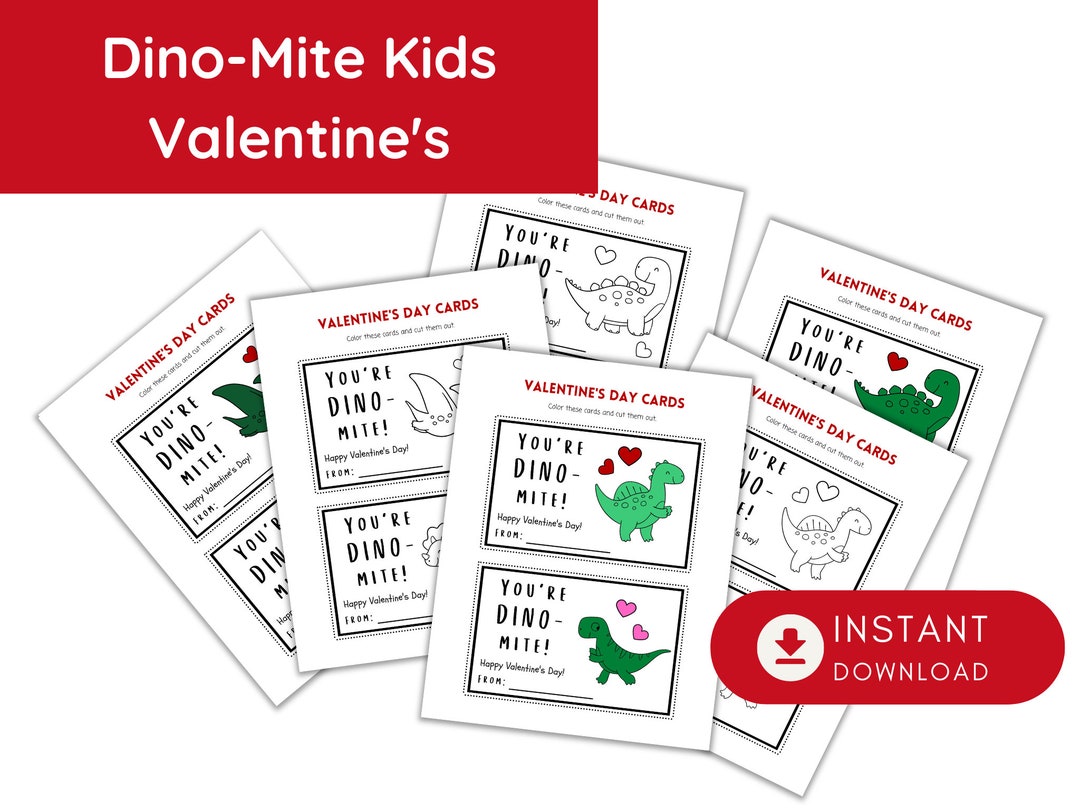 You're Dino-mite! Valentines Day Printable Cards; Dinosaur Valentine's ...