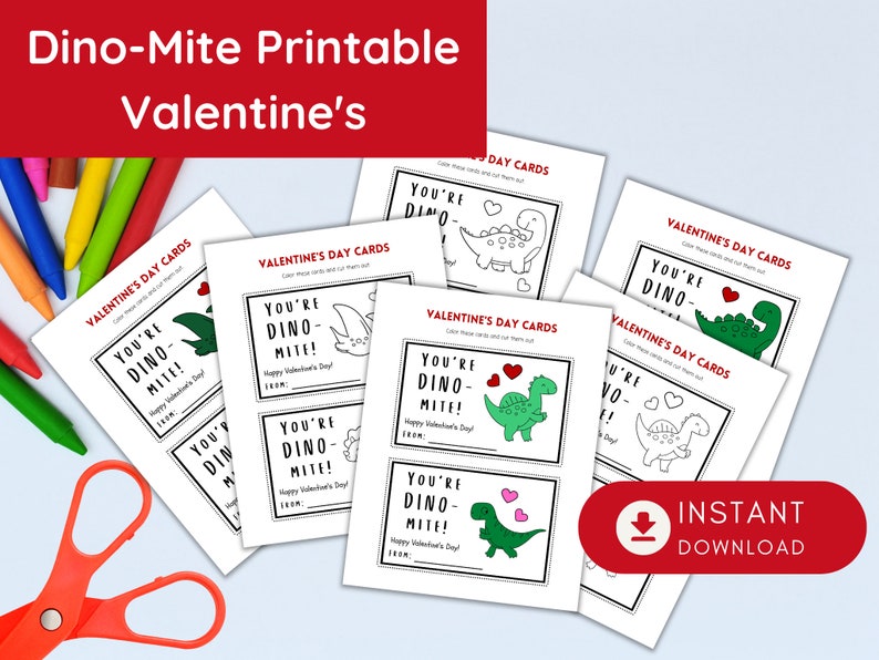 You're Dino-mite Valentines Day Printable Cards Dinosaur Valentine's ...