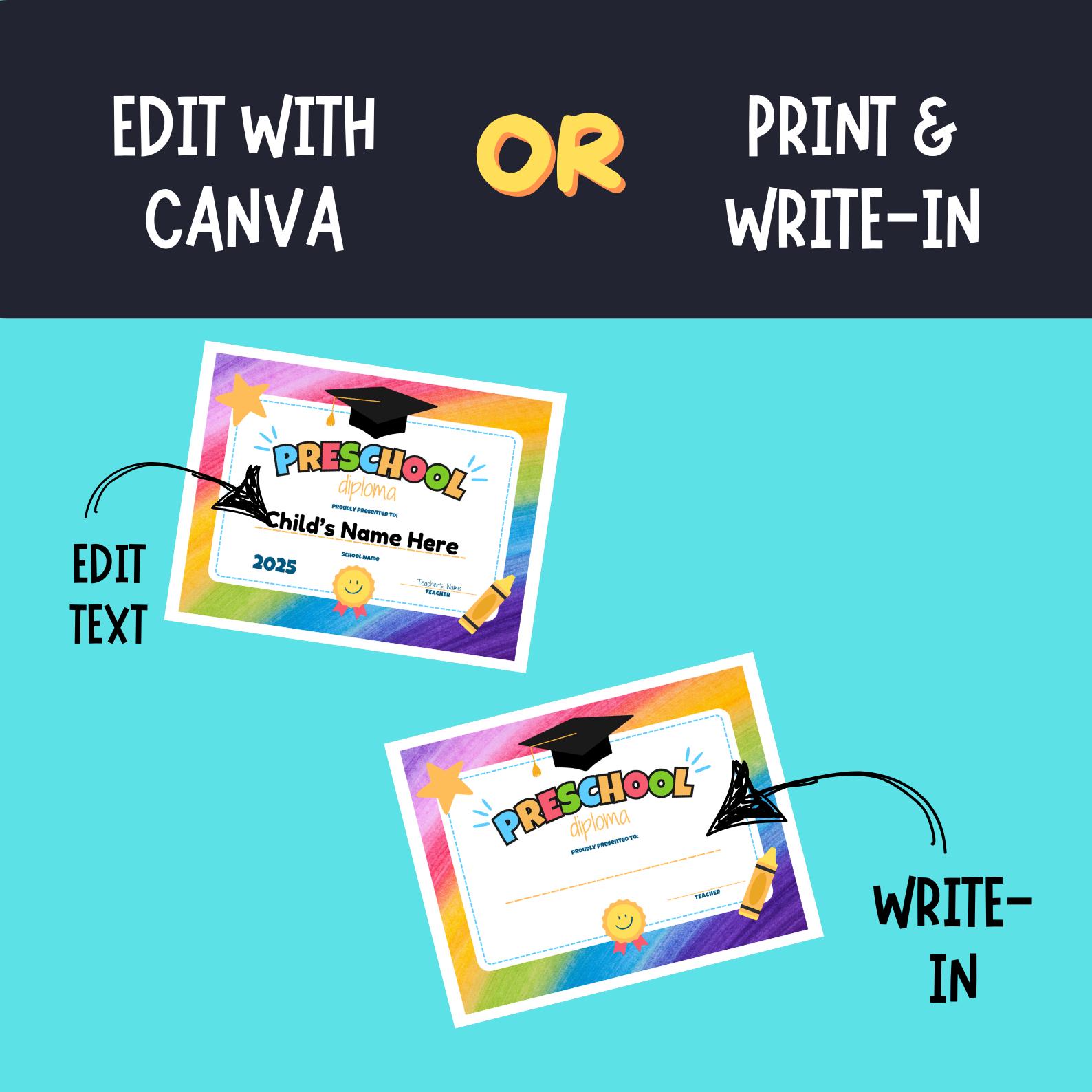Preschool Diploma, Printable PDF Fill-in & Canva-editable Versions ...
