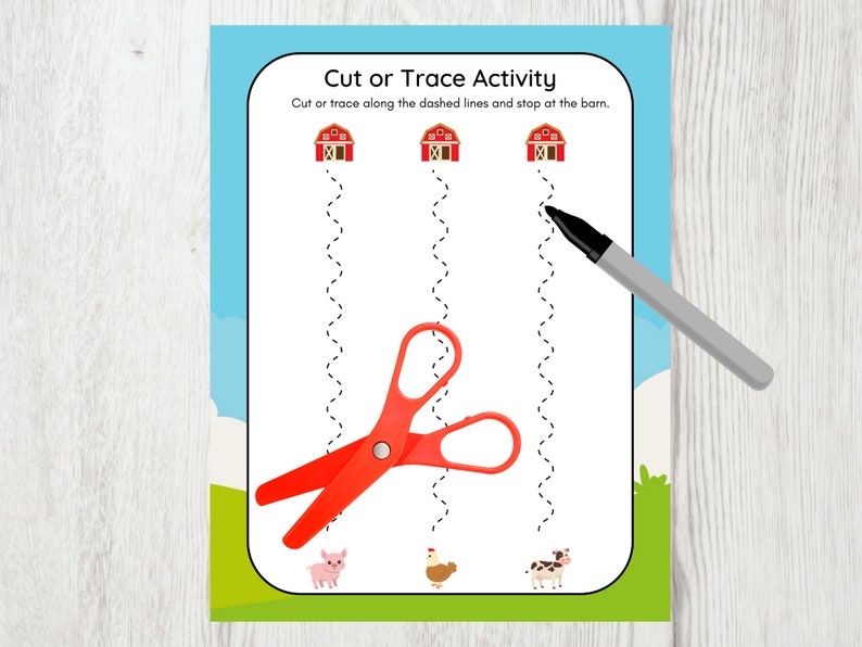 Barn Animal Themed Preschool Cutting or Tracing Worksheets - Etsy