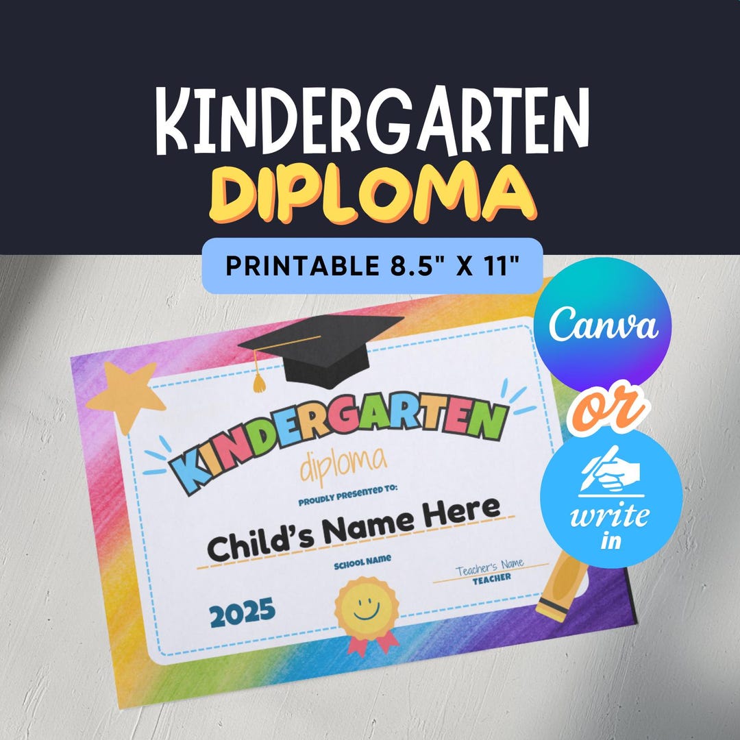 Kindergarten Diploma, Printable PDF Fill-in & Canva-editable Versions ...
