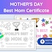 Best Mom Mother's Day Certificate Coloring Activity Sheet for Kids to ...