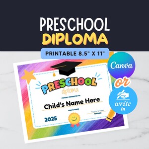 Preschool Diploma, Printable PDF Fill-in & Canva-editable Versions ...