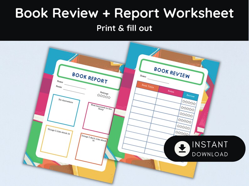 Kids Book Review and Book Report Digital Printable Worksheets, Book ...