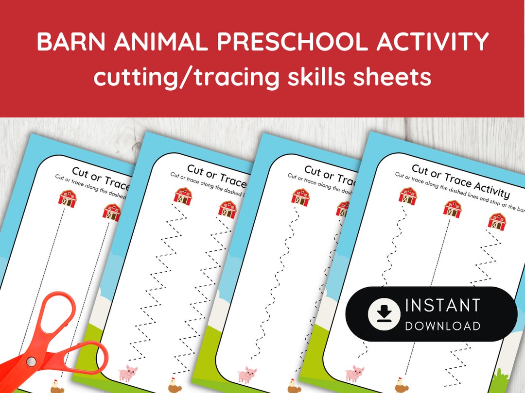 Barn Animal Themed Preschool Cutting or Tracing Worksheets Printable ...