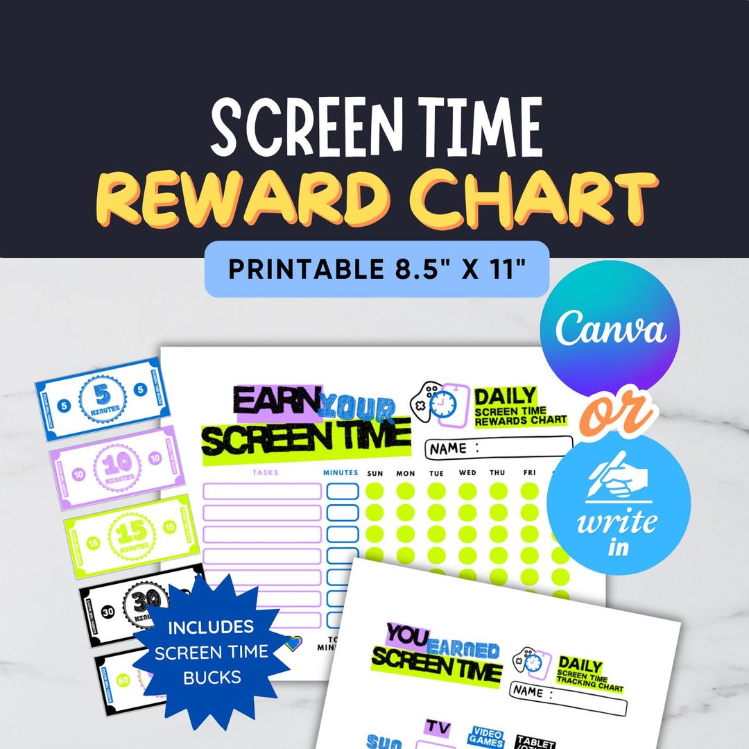 Printable Screen Time Reward Chart for Kids | Editable Daily Tasks and ...