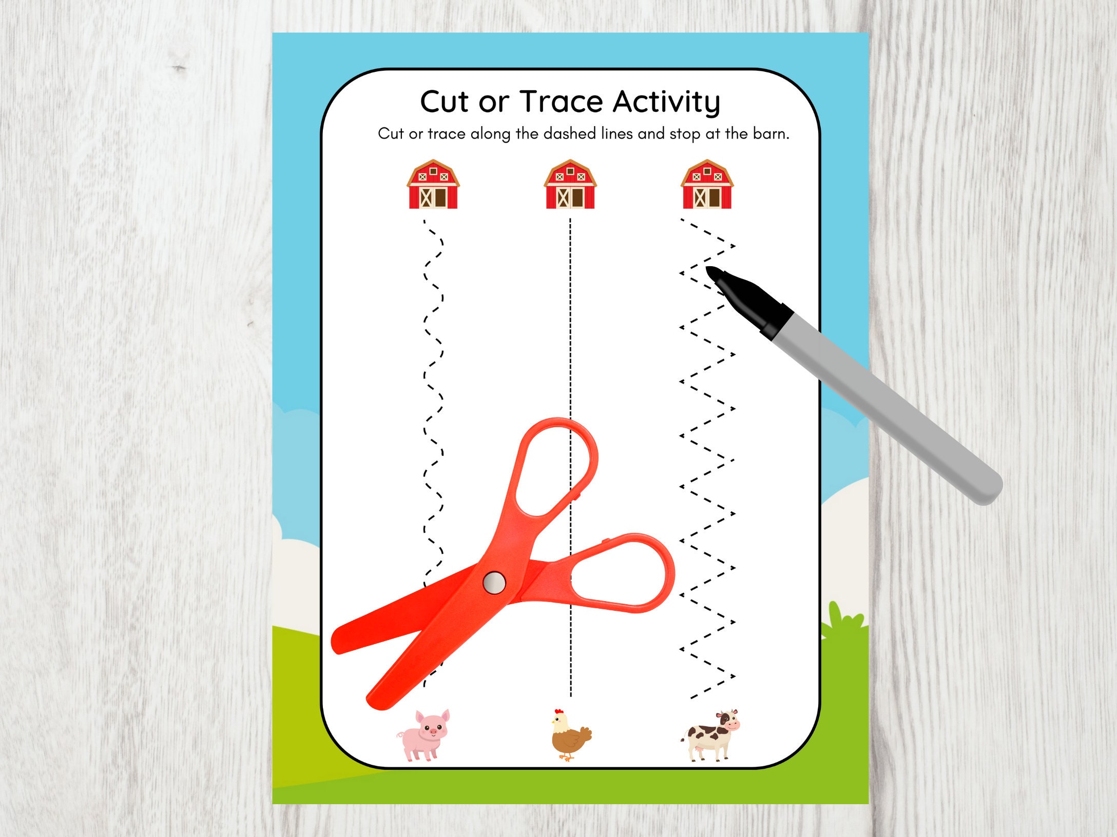Barn Animal Themed Preschool Cutting or Tracing Worksheets Printable ...