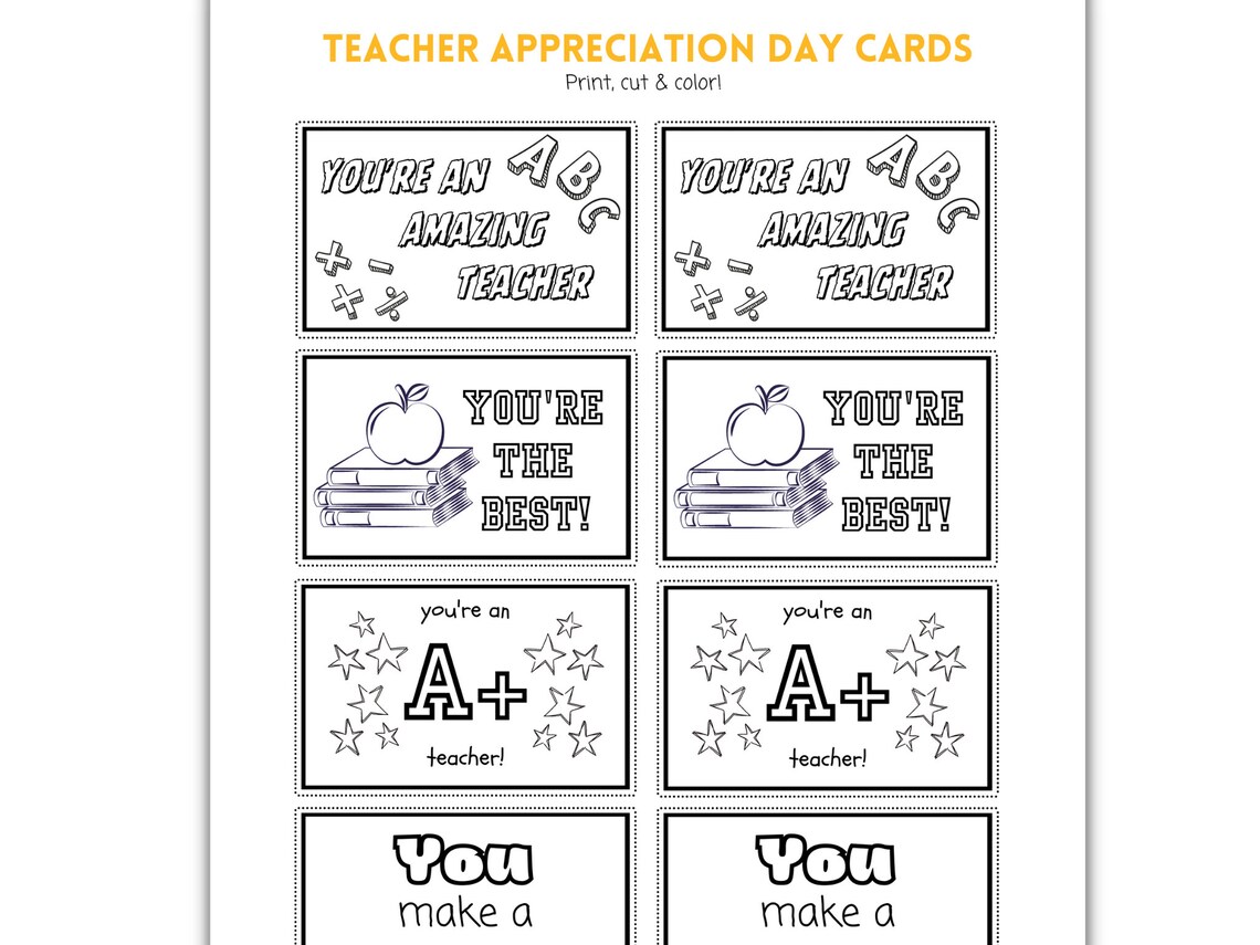 Teacher Appreciation Day Printable Color-in Cards From School Aged Kids ...