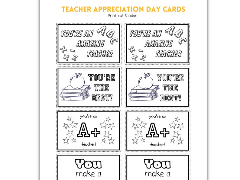 Teacher Appreciation Day Printable Color-in Cards From School Aged Kids ...