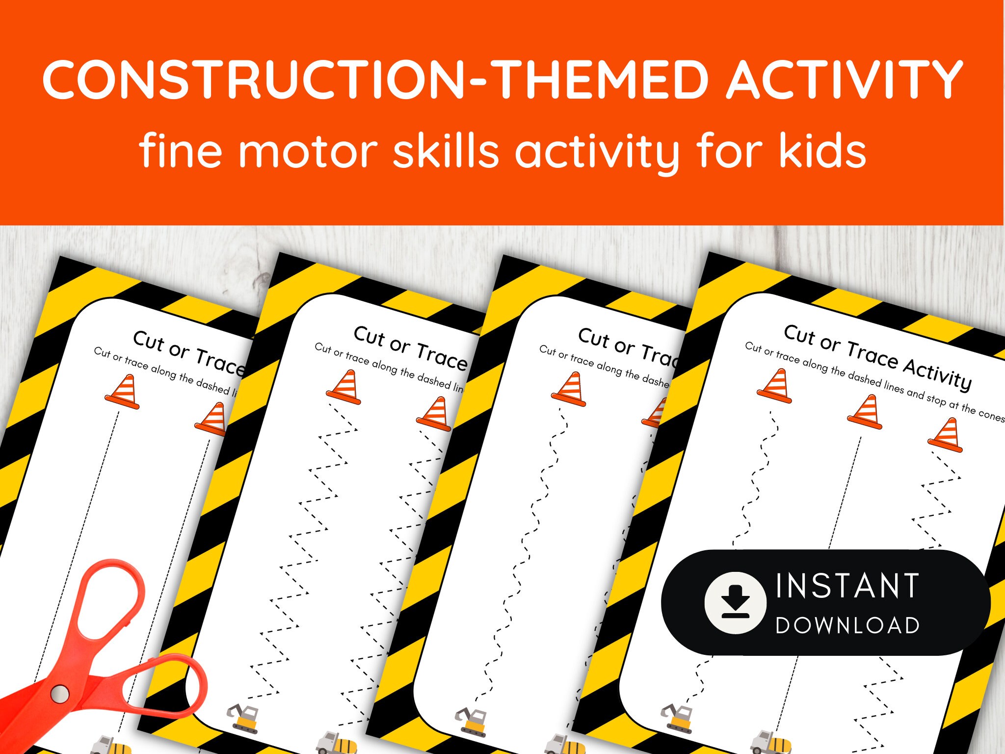 Printable Kids Construction Themed Preschool Cutting or Tracing ...