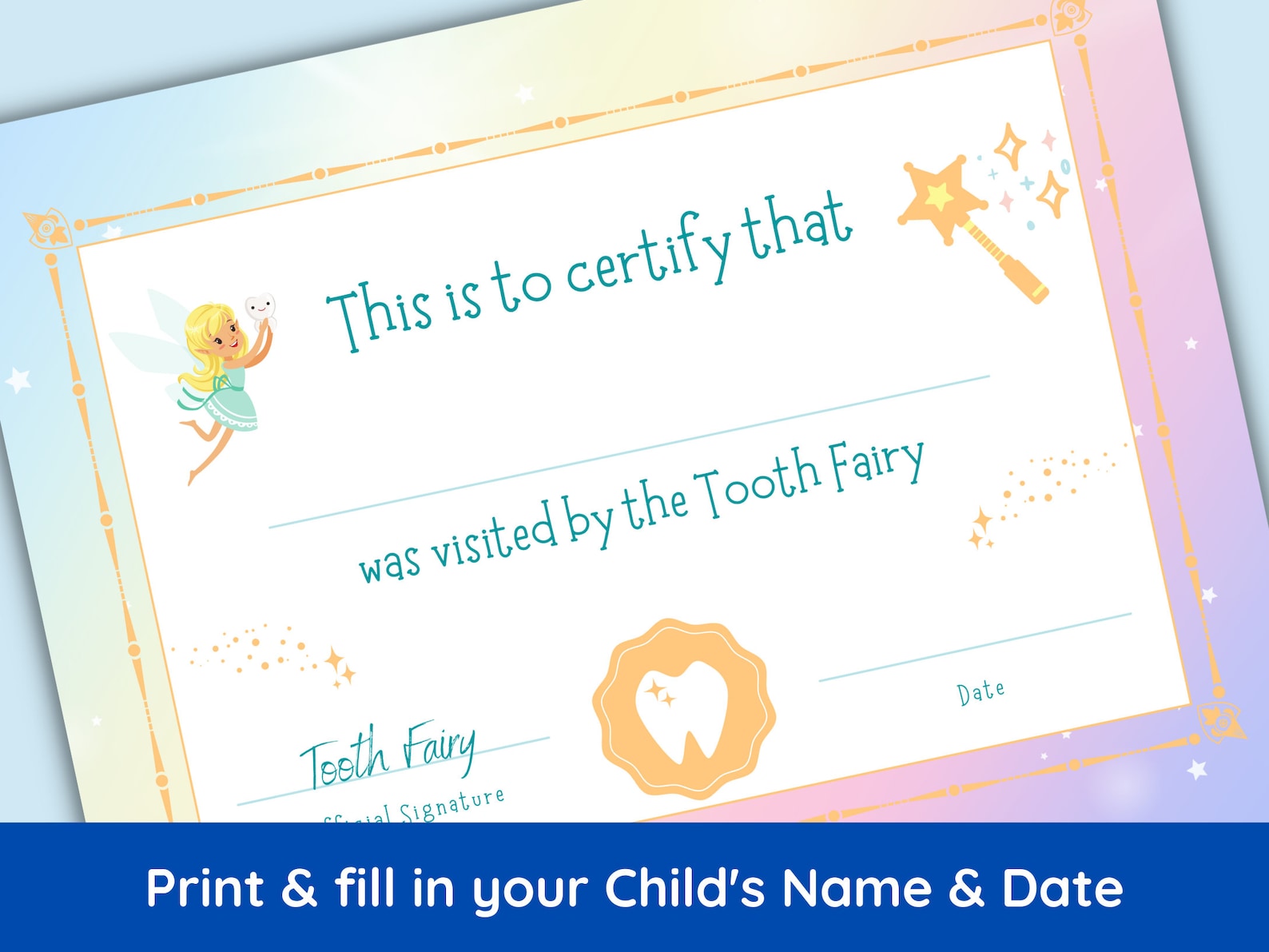 Printable Tooth Fairy Certificate: Lost Tooth Keepsake (PDF Download 8 ...