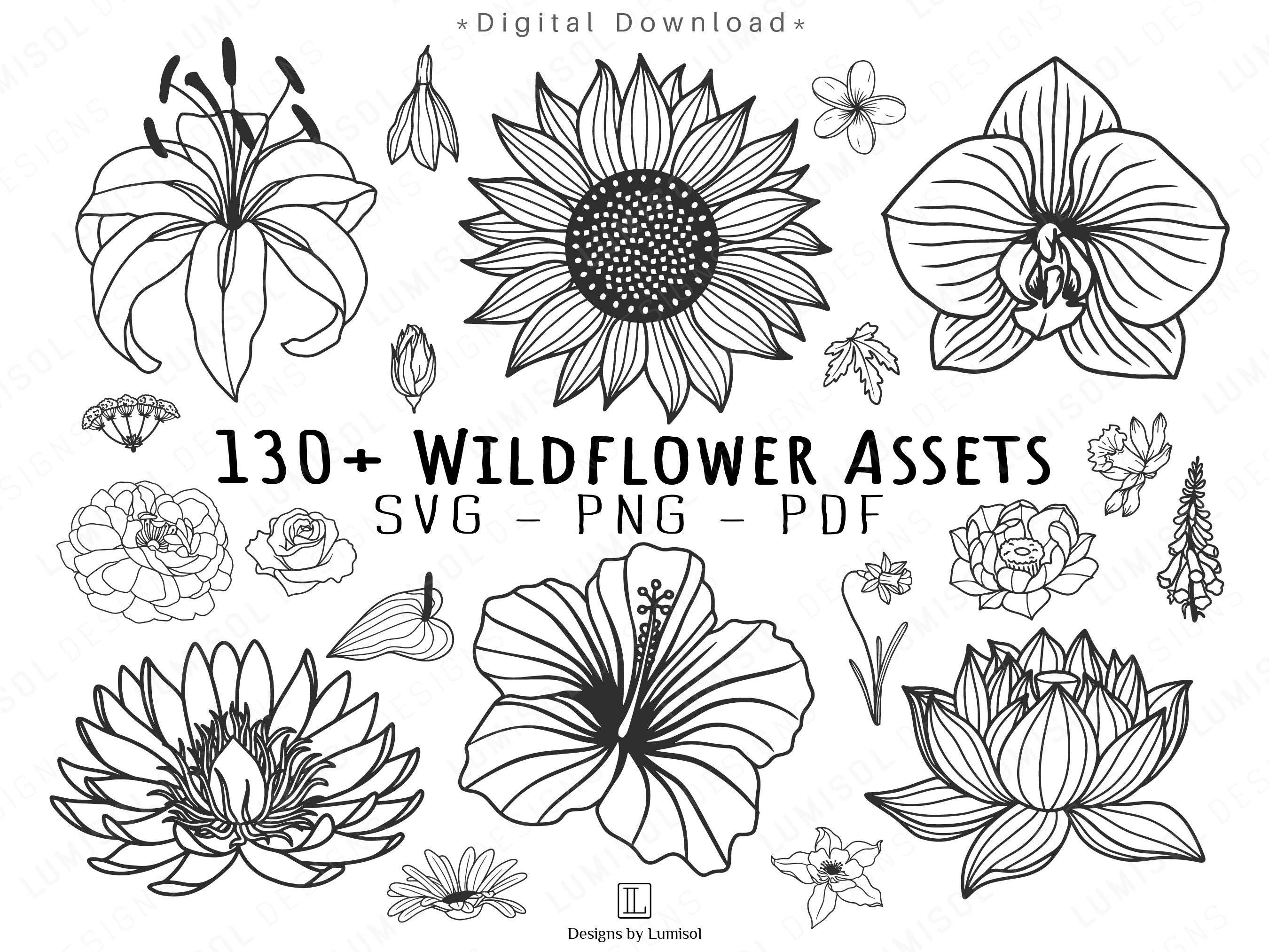 130 Wildflower SVG Bundle Hand Drawn Flower Clip Art Botanical Floral ...