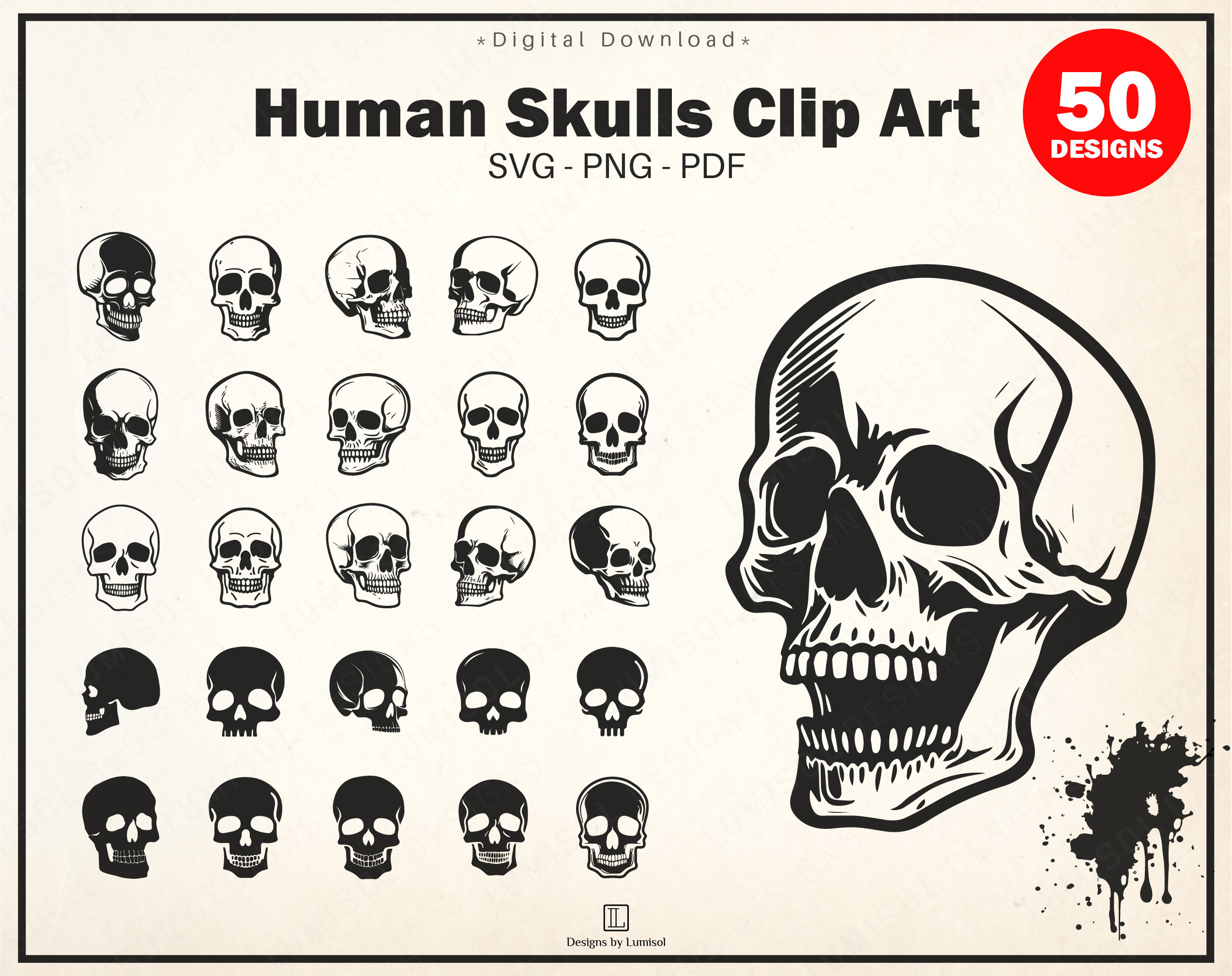 50 Human Skulls SVG Bundle Gothic Skulls Clip Art PNG Hand Drawn Vector ...