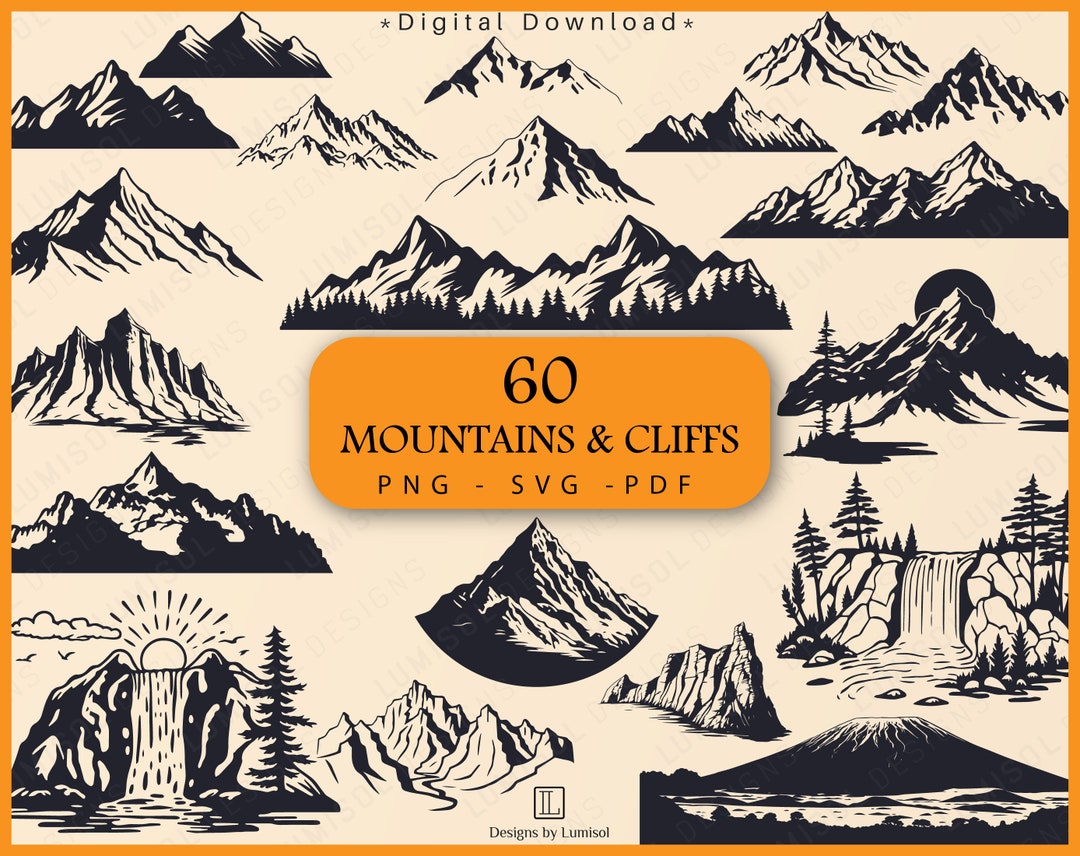 Mountain & Cliff SVG Bundle: Landscape Silhouette Clip Art (commercial ...
