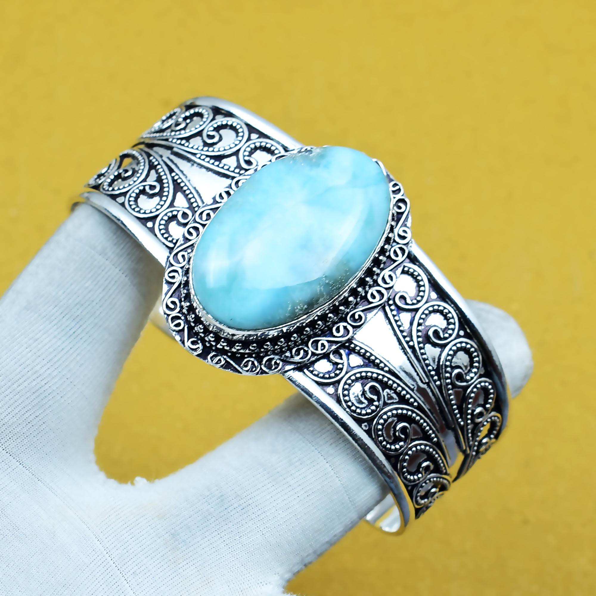 Caribbean Larimar Bangle, 925 Sterling Silver Cuff Bracelet, Vintage ...