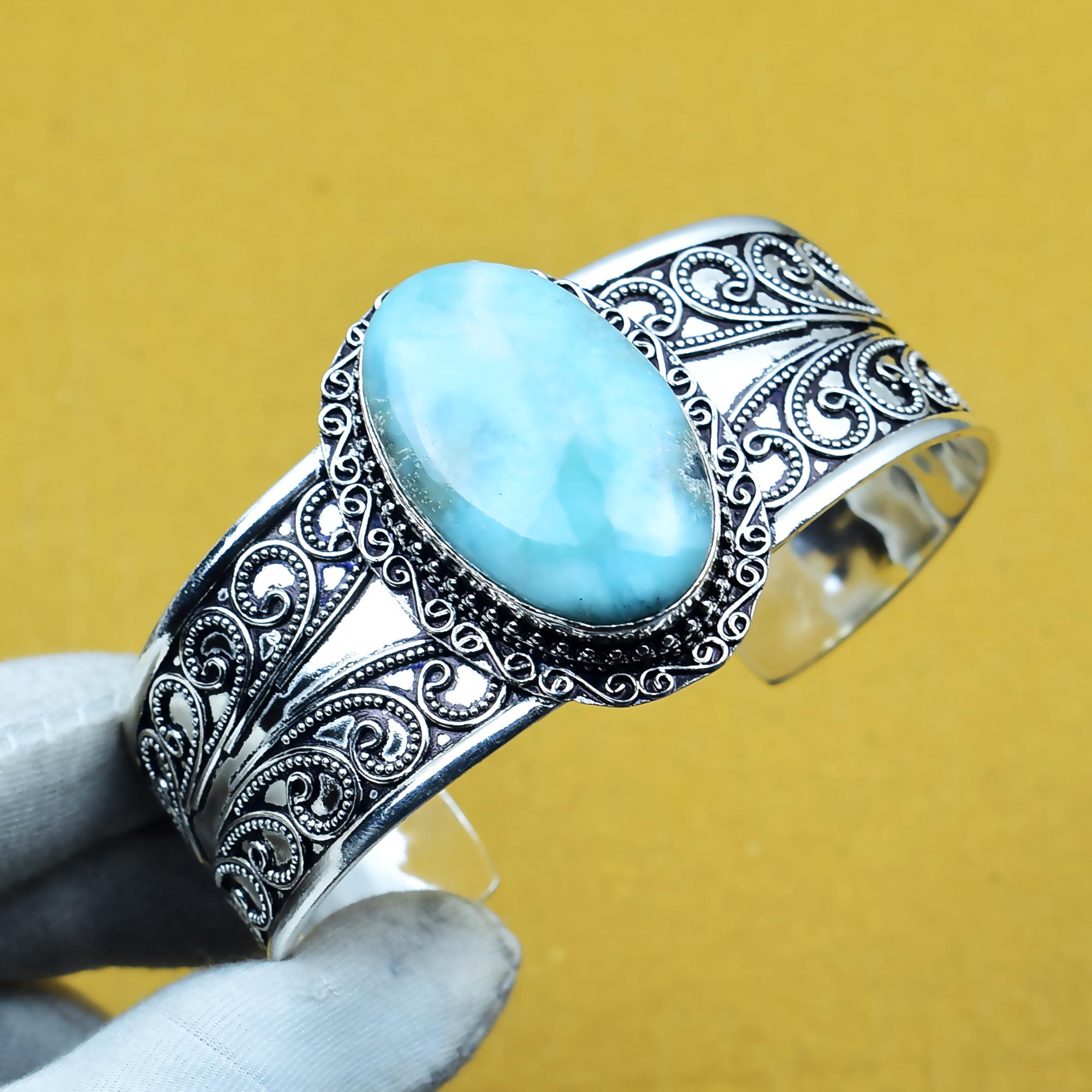 Caribbean Larimar Bangle, 925 Sterling Silver Cuff Bracelet, Vintage ...
