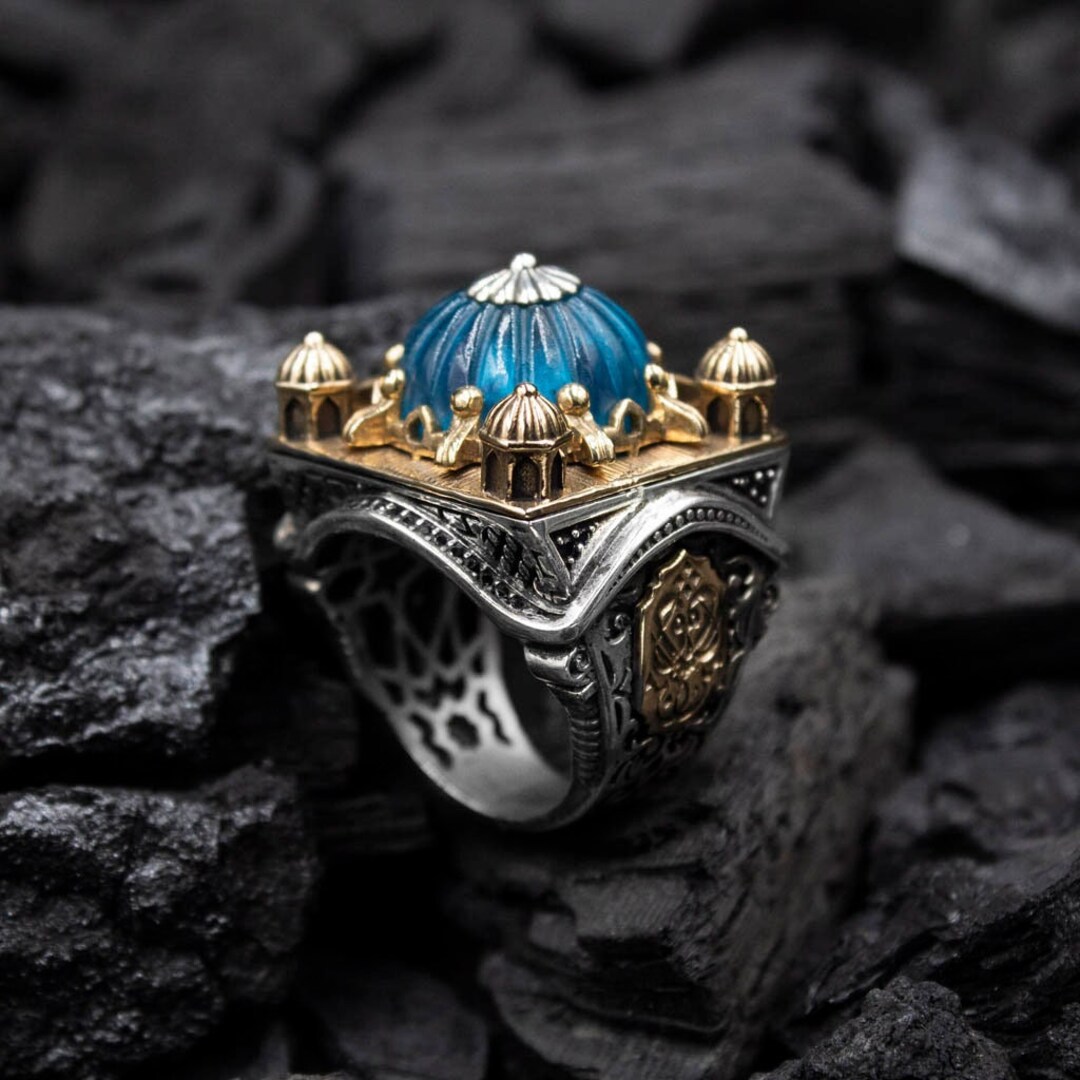 Mosque Design Amber Stone Silver Man Ring, 925 Sterling Silver Handmade ...