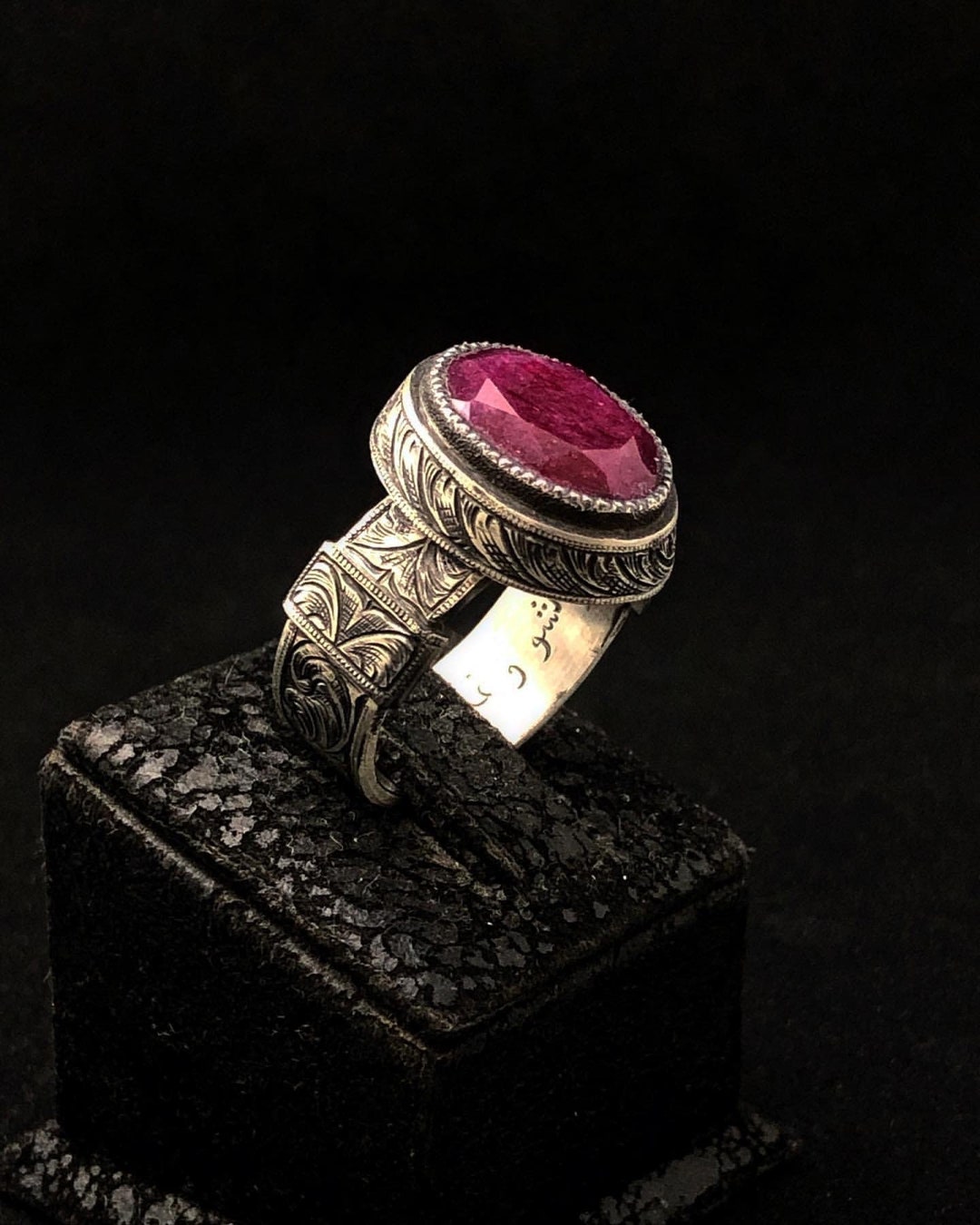 Ruby Stone Silver Ring Real Ruby Stone Hand Engraved Gravur - Etsy