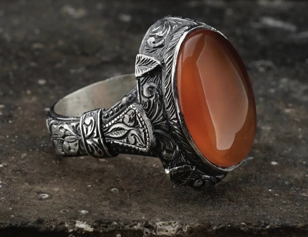 Yemeni Aqeeq Stone Silver Ring, Real Aqeeq, Turkish Handmade 925 ...