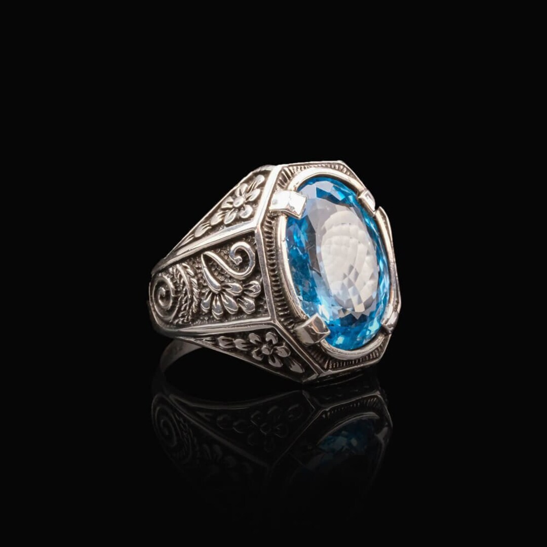 17 Ct Blue Topaz Stone Silver Ring, Real Topaz Hand Engraved Gravur 925 ...