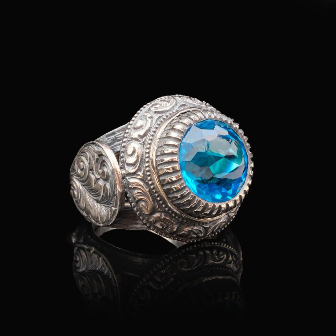 12 Ct Blue Topaz Stone Silver Ring, Real Topaz Hand Engraved Gravur 925 ...