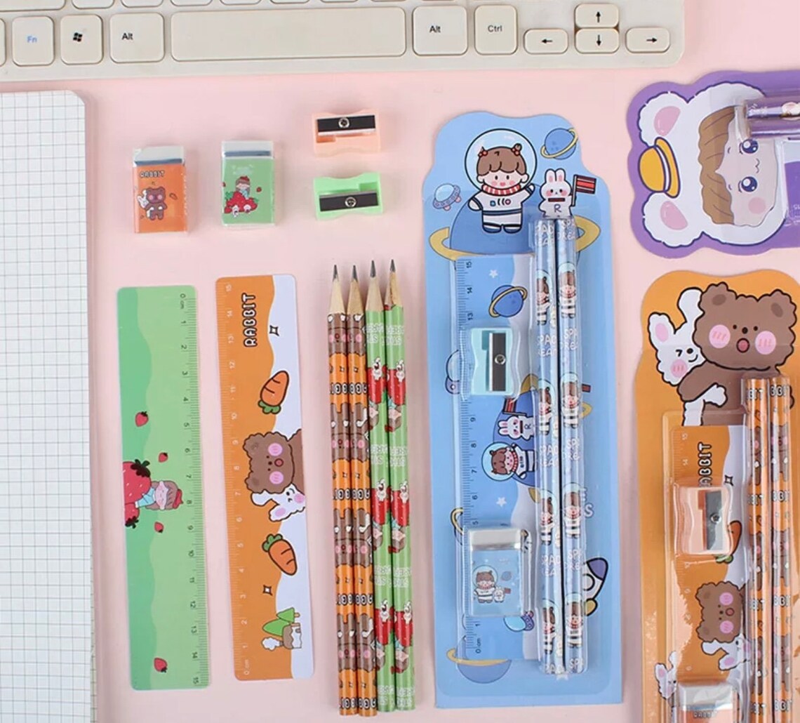 Stationery Gift Set of 5 Items. Kawaii Cute Cartoon Characters Animals ...