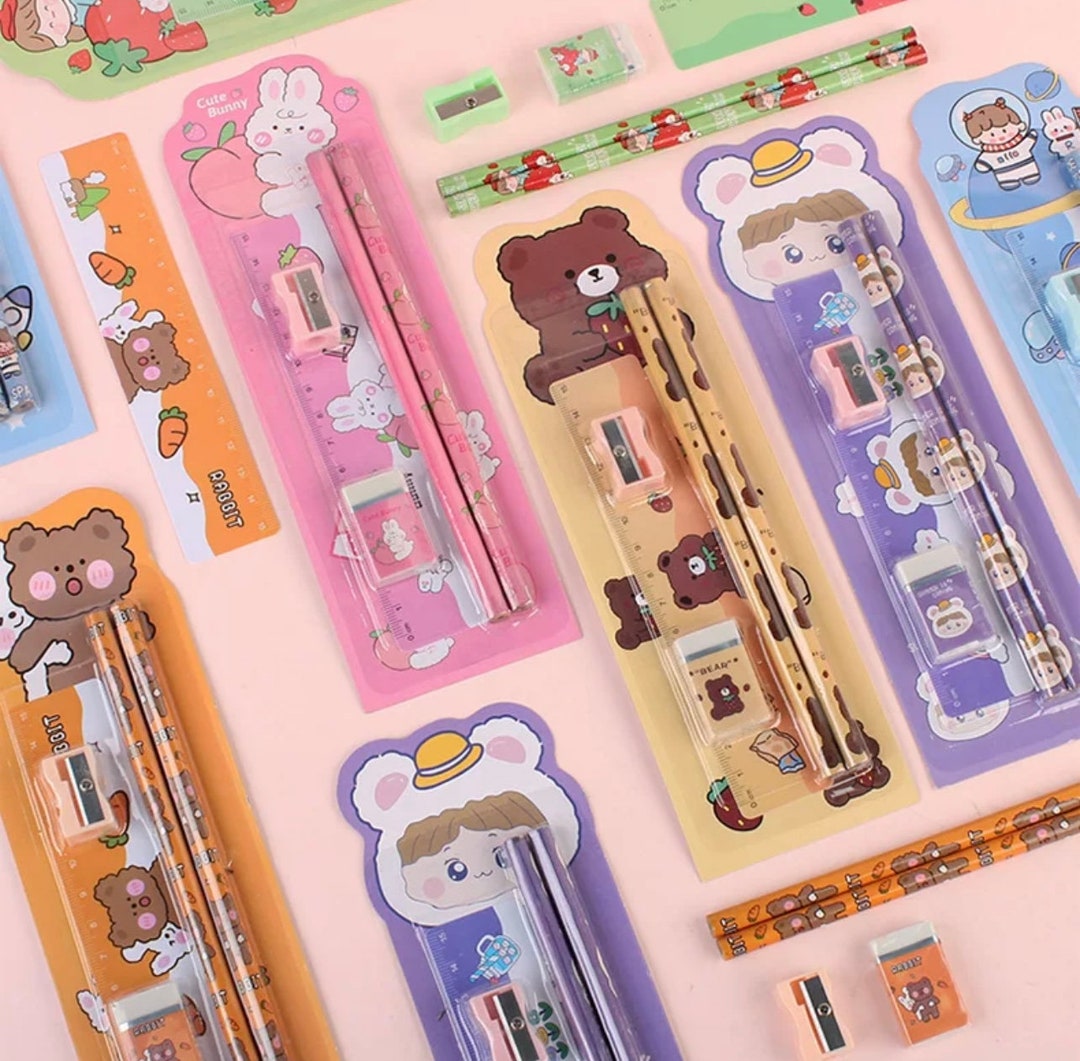 Stationery Gift Set of 5 Items. Kawaii Cute Cartoon Characters Animals ...