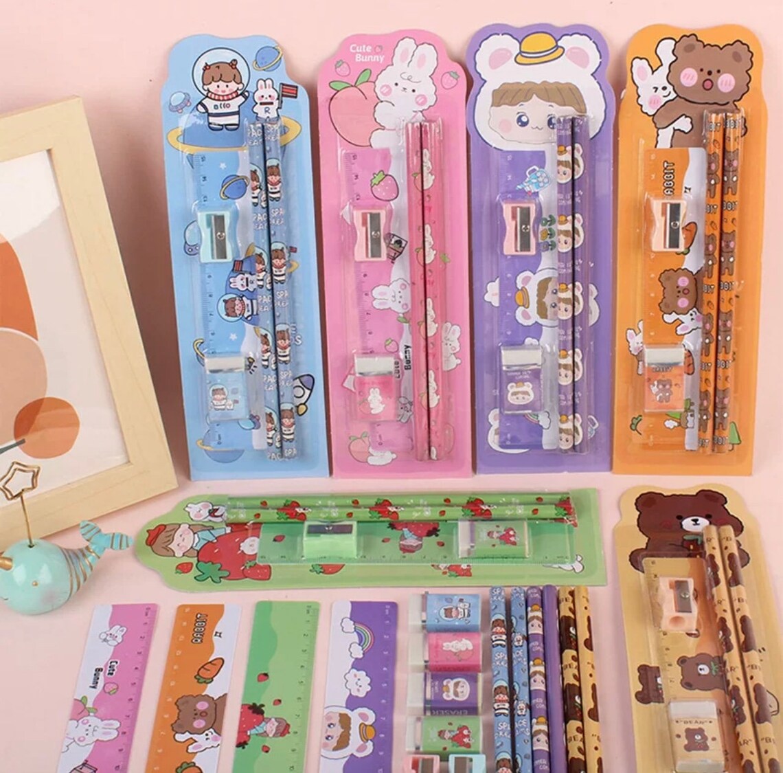 Stationery Gift Set of 5 Items. Kawaii Cute Cartoon Characters Animals ...