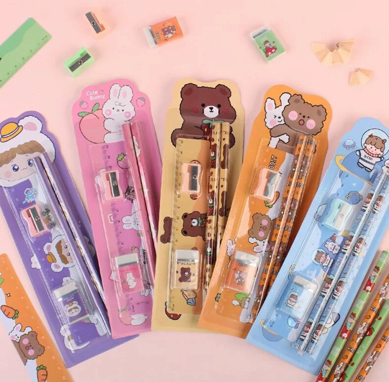 Stationery Gift Set of 5 Items. Kawaii Cute Cartoon Characters Animals ...