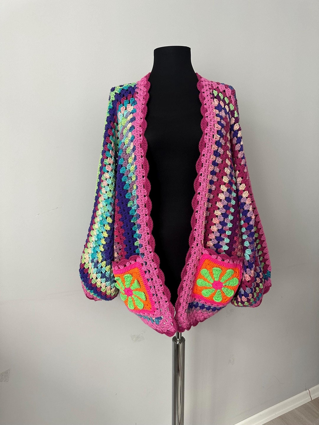 Oversize Crochet Hexagon Rose Cardigan, Crochet Daisy Sweater, Crochet ...