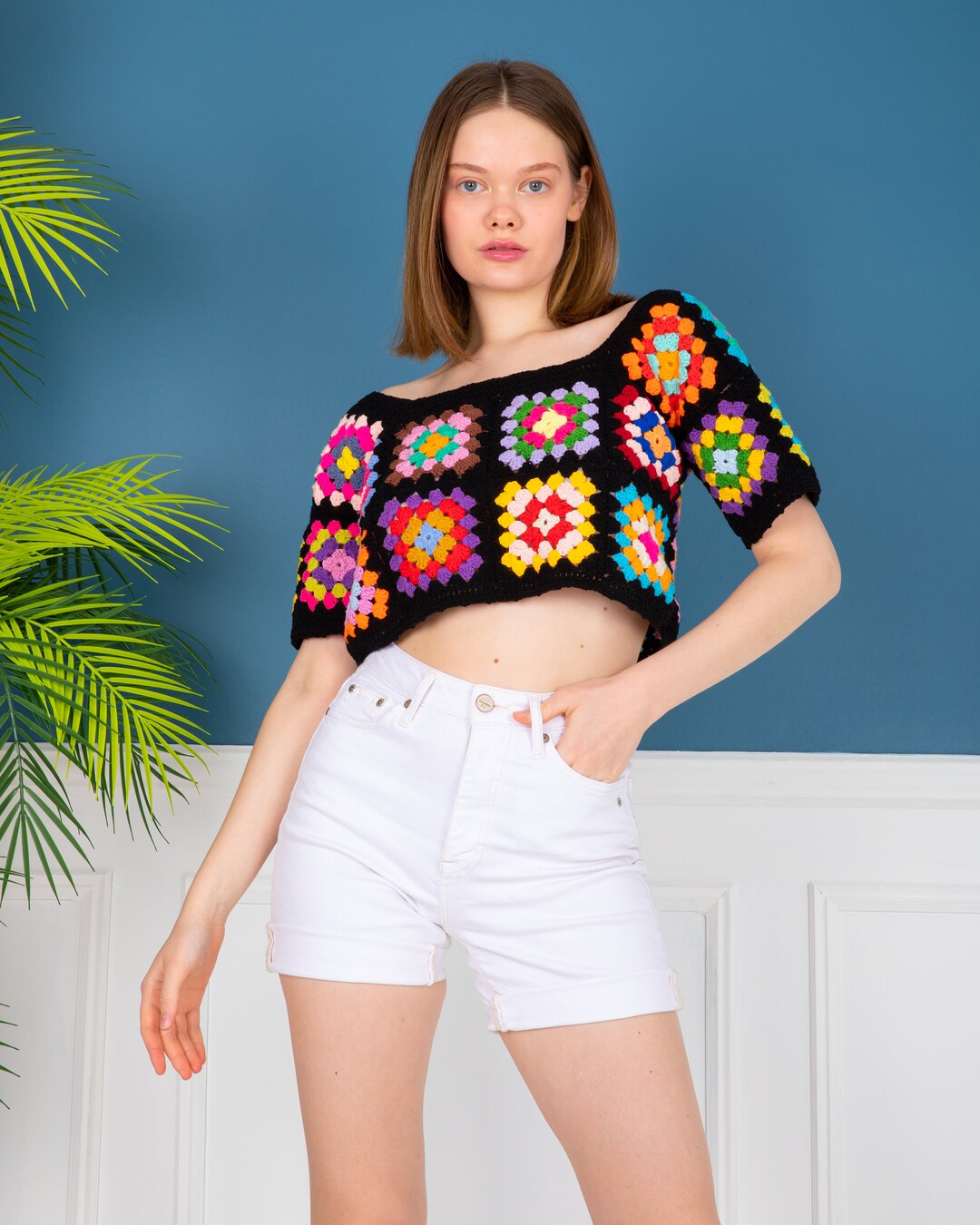 Colorful Crochet Crop Top, Granny Square Crop Top, Knitted Crop Top ...