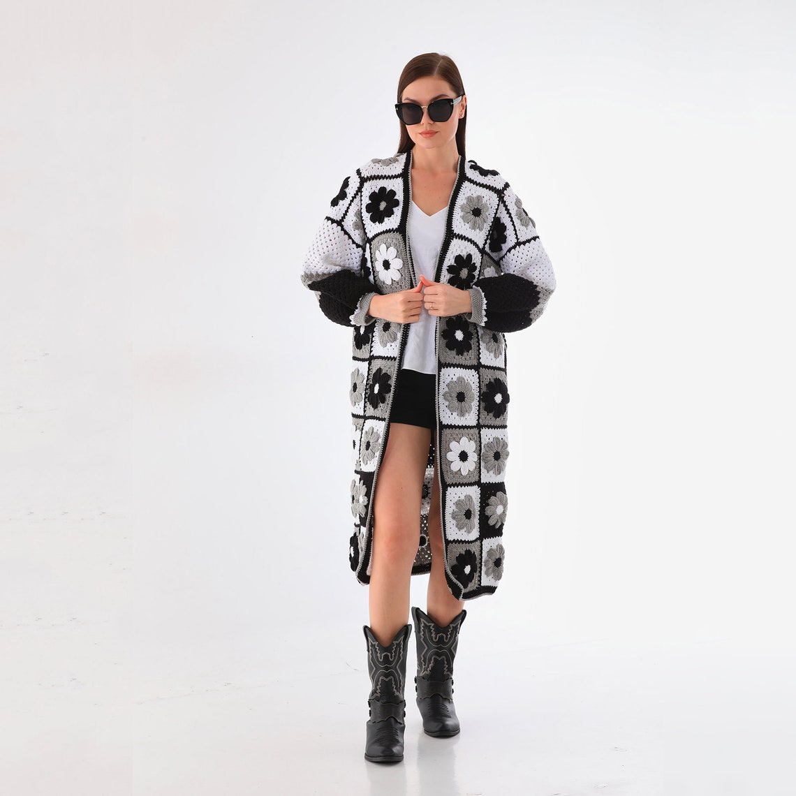 Crochet Daisy Monochrome Cardigan, Granny Square Flowers Long Cardigan ...