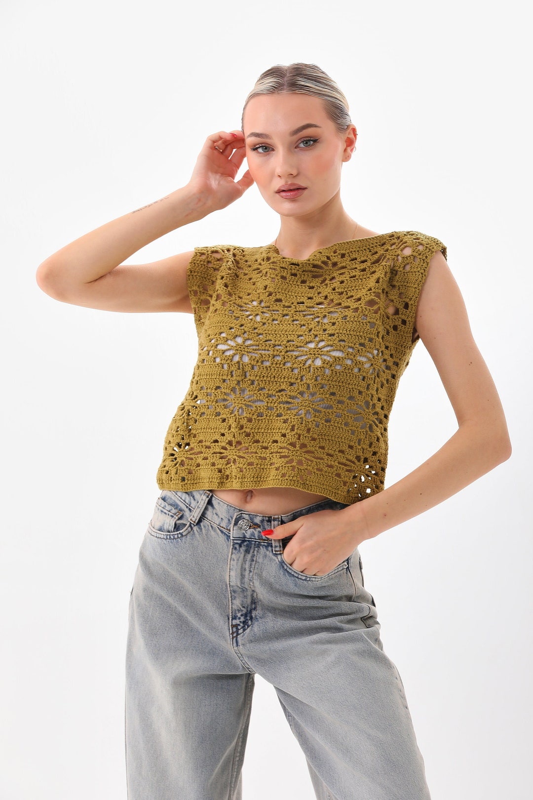 Crochet Fishnet Croptop, Hand Knitted Crop Top, Crochet Vintage Top ...