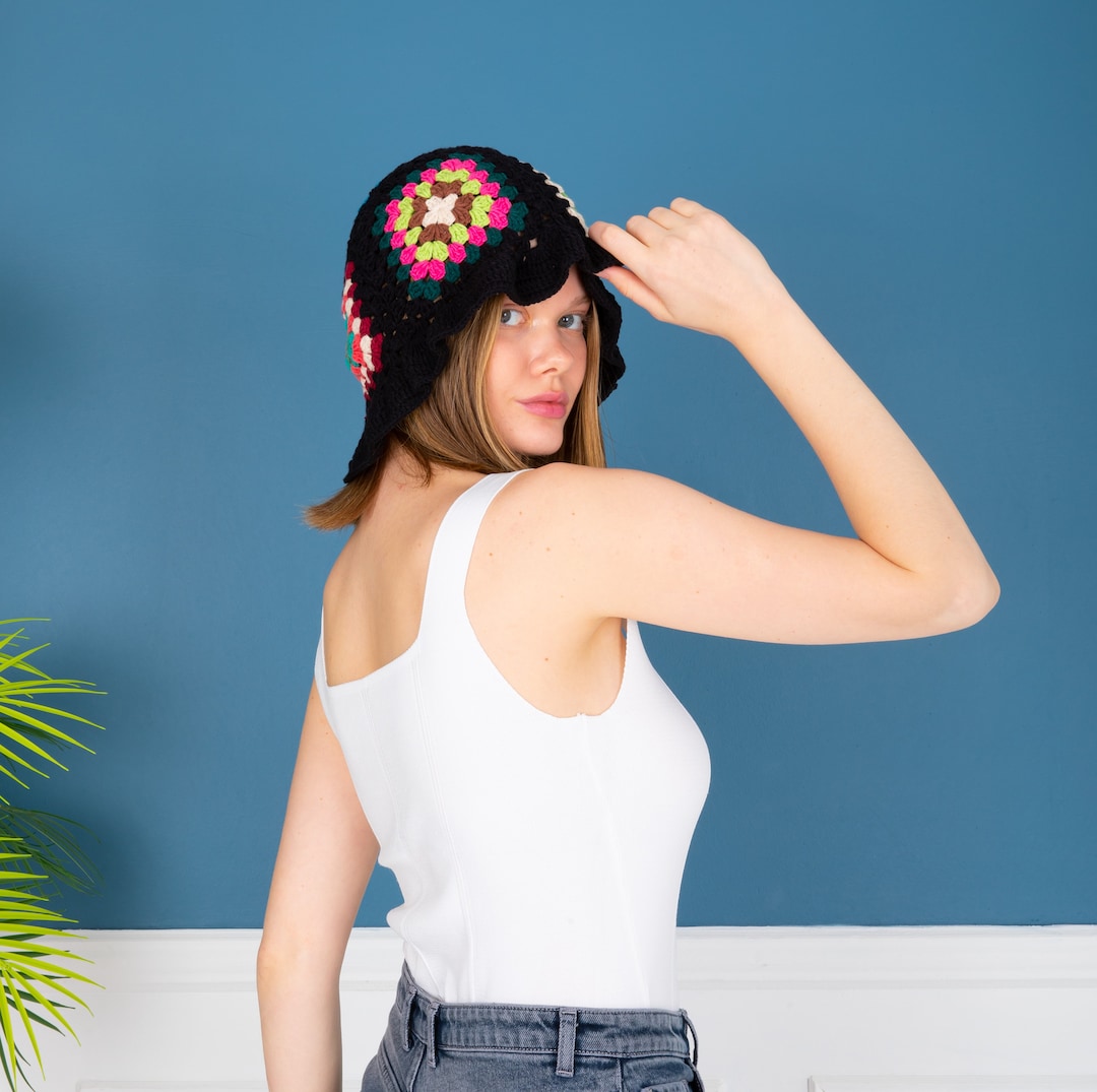 Crochet Bucket Hat, Granny Square Bucket Hat, Handmade Knitted Hat ...