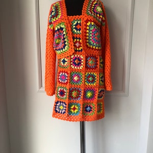 Crochet Mini Dress, Granny Square Dress, Knit Orange Dress, Crochet ...