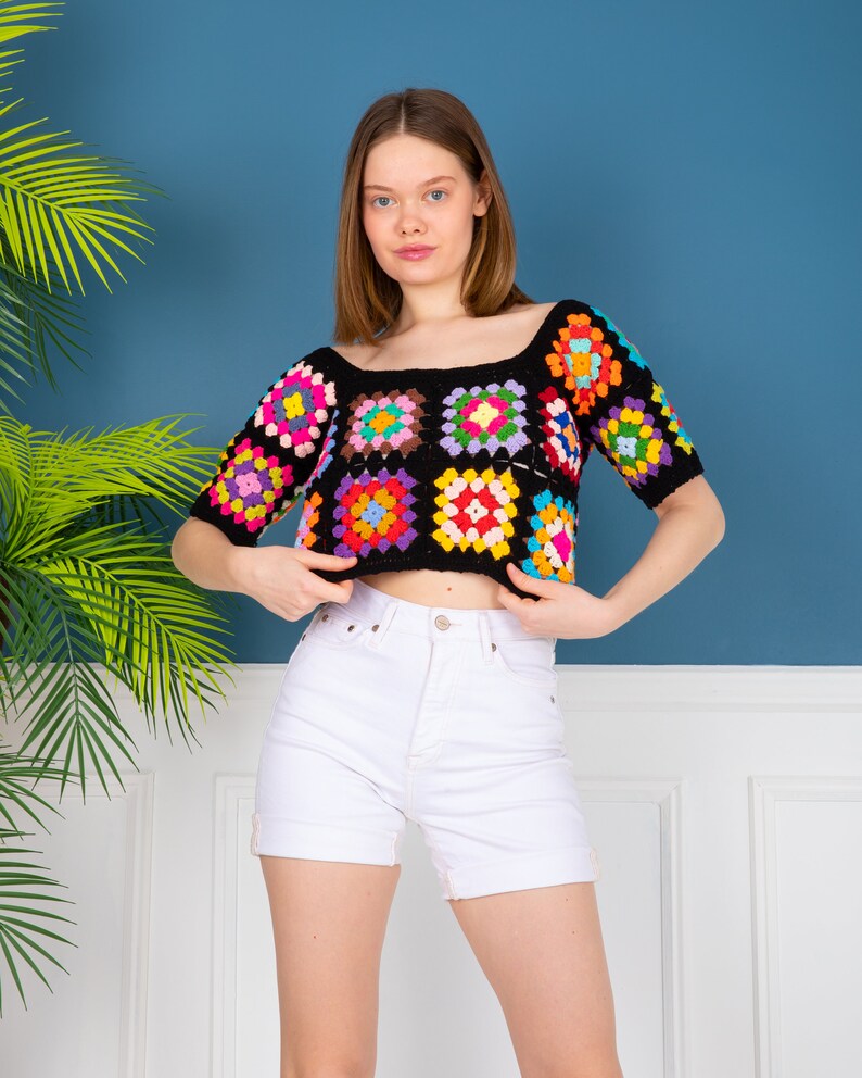 Colorful Crochet Crop Top, Granny Square Crop Top, Knitted Crop Top ...
