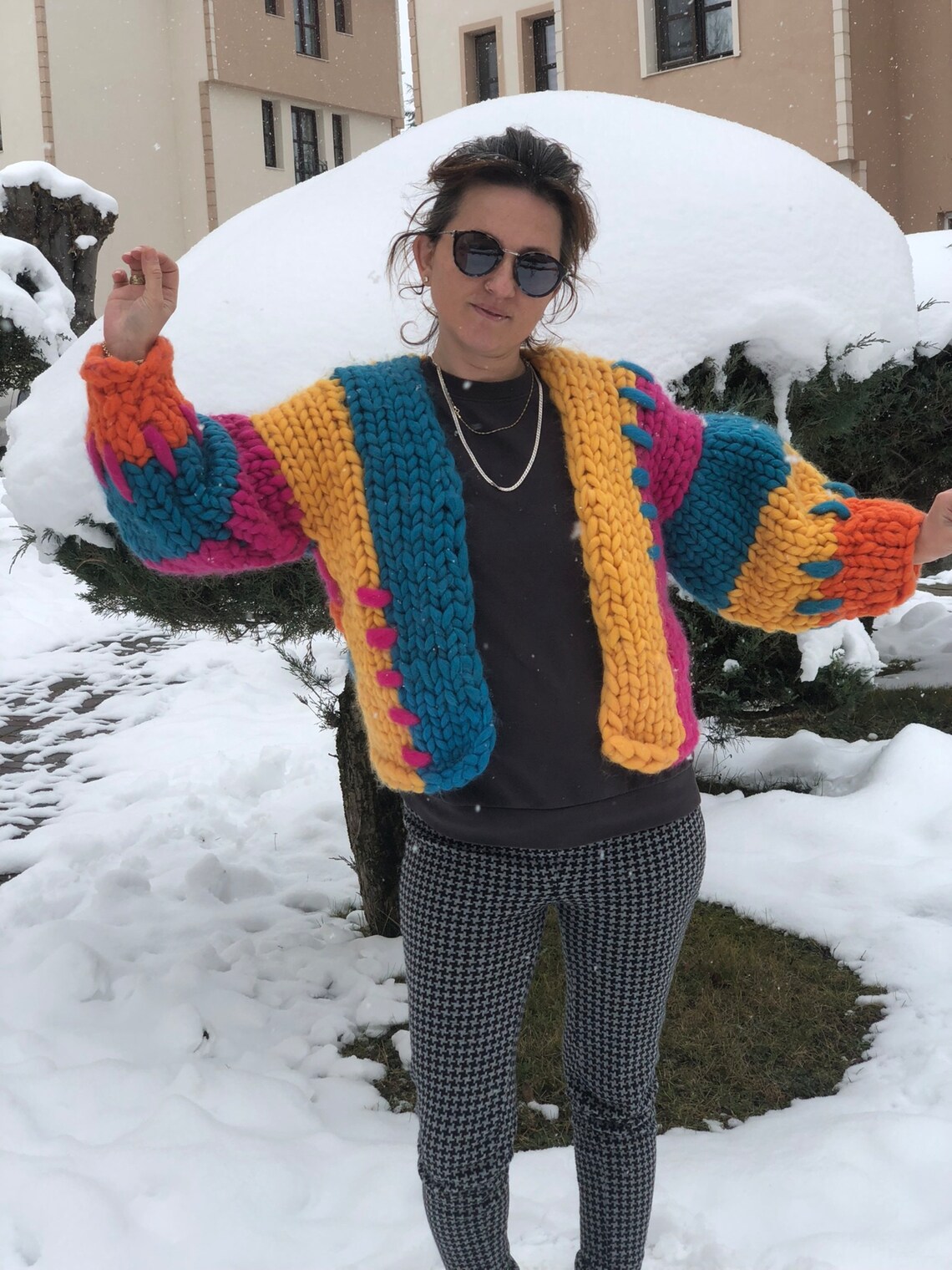 Woman Chunky Cardigan, Wool Chunky Knit Oversize Colorful Sweater, Crop ...