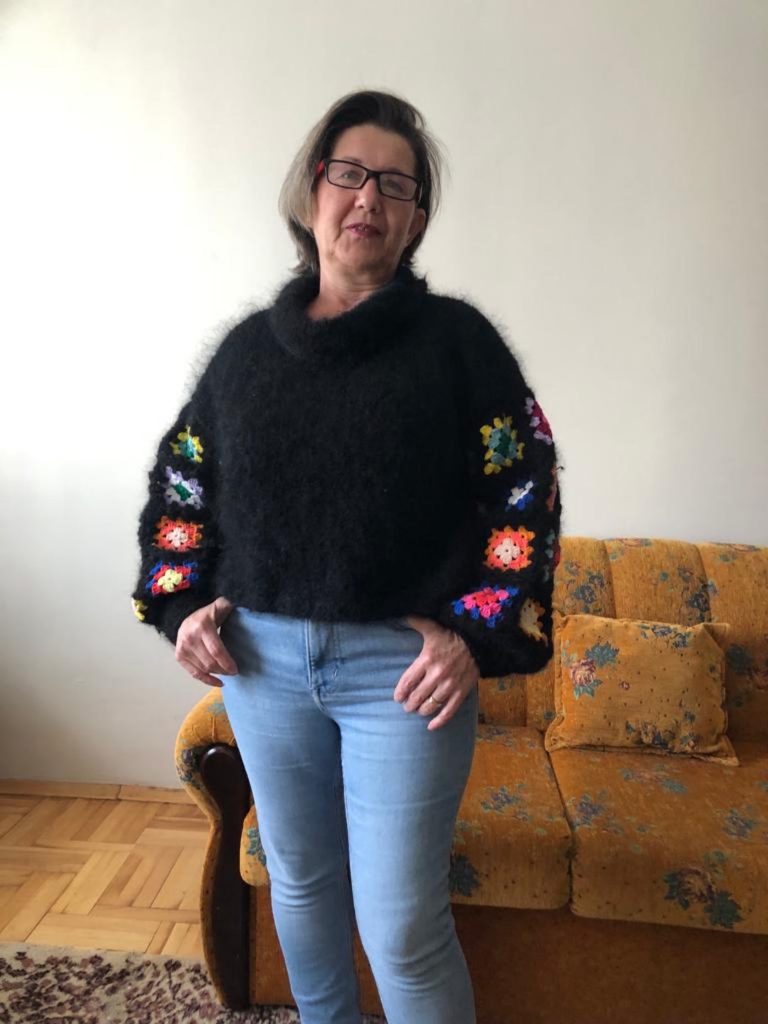 Crochet Turtleneck Sweater, Granny Square Knit Sweater, Boho Style ...