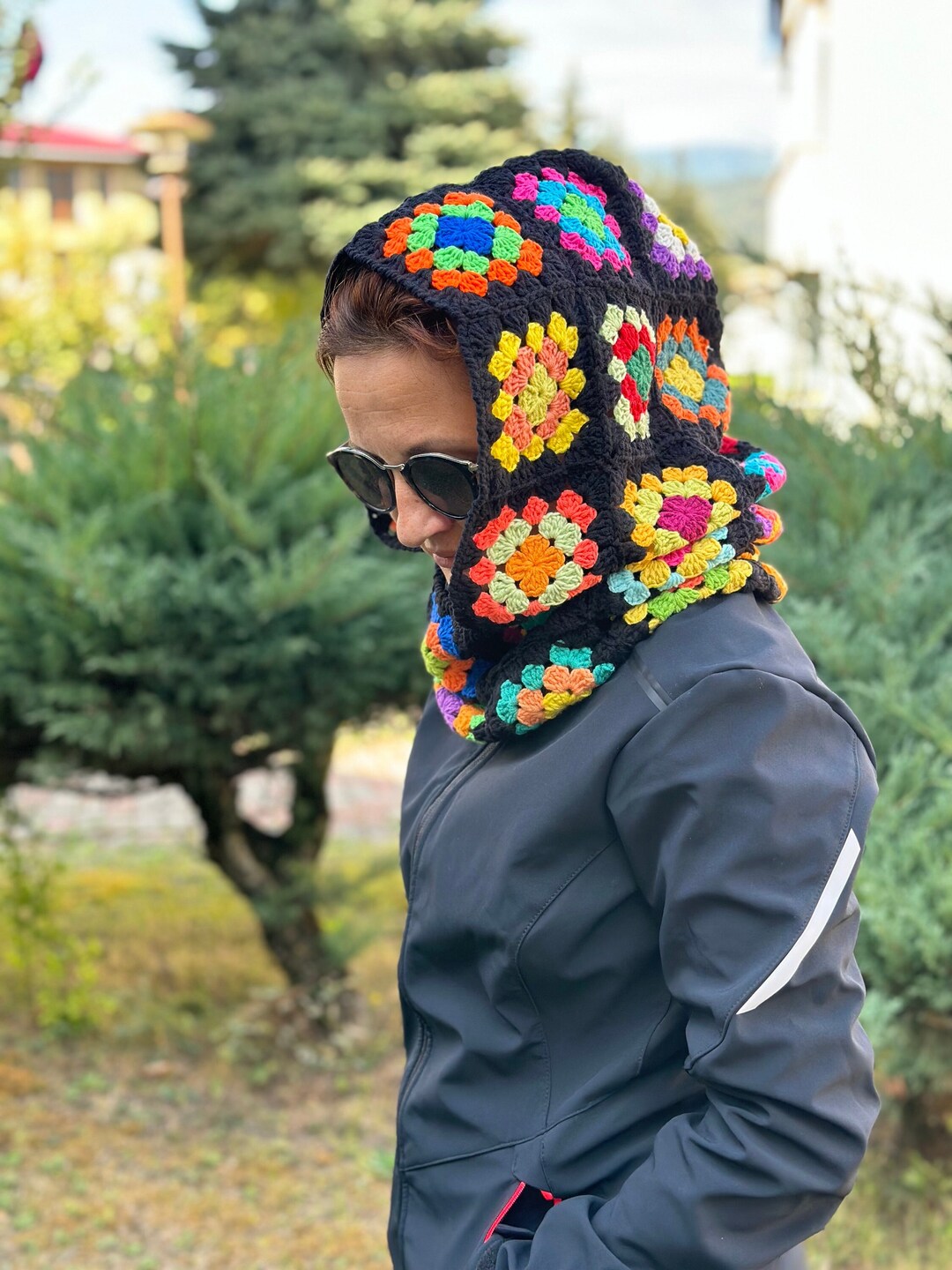 Rainbow Crochet Balaclava for Fluffy Hair, Crochet Black Balaclava ...