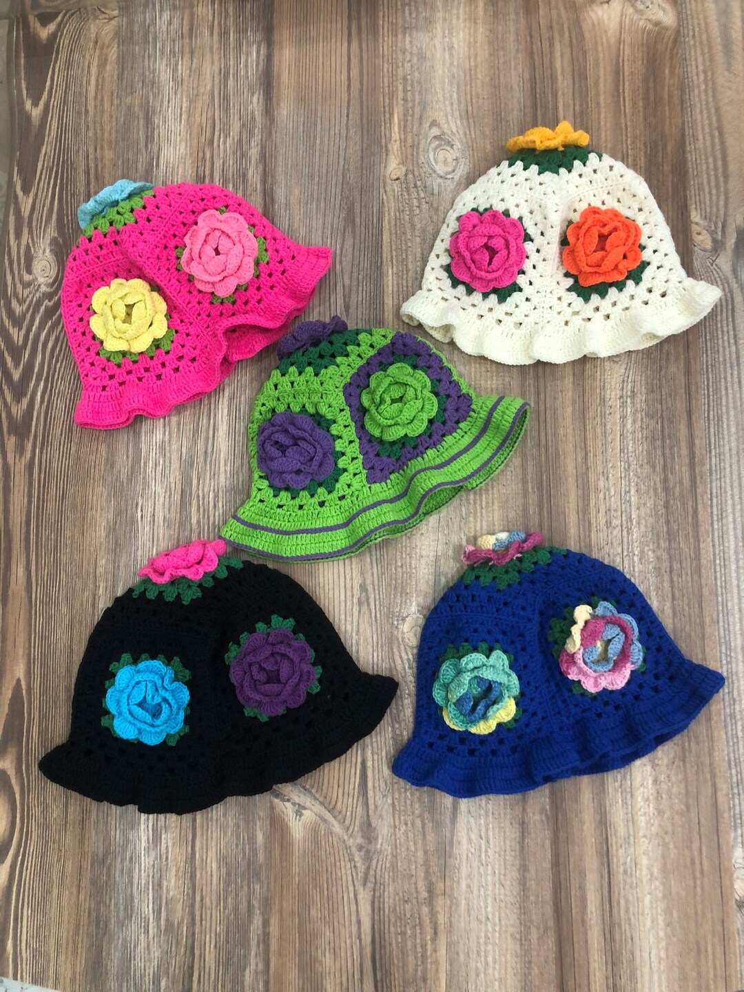 Crochet Jumbo Rose Bucket Hat, Granny Square Bucket Hat, Crochet Rose ...