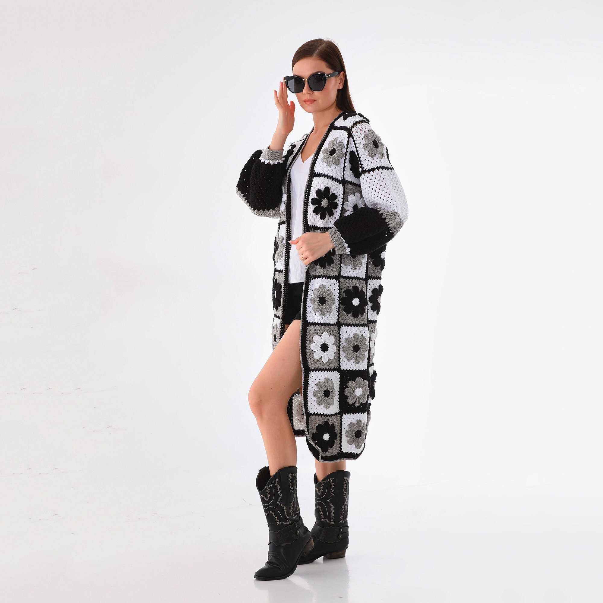 Crochet Daisy Monochrome Cardigan, Granny Square Flowers Long Cardigan ...