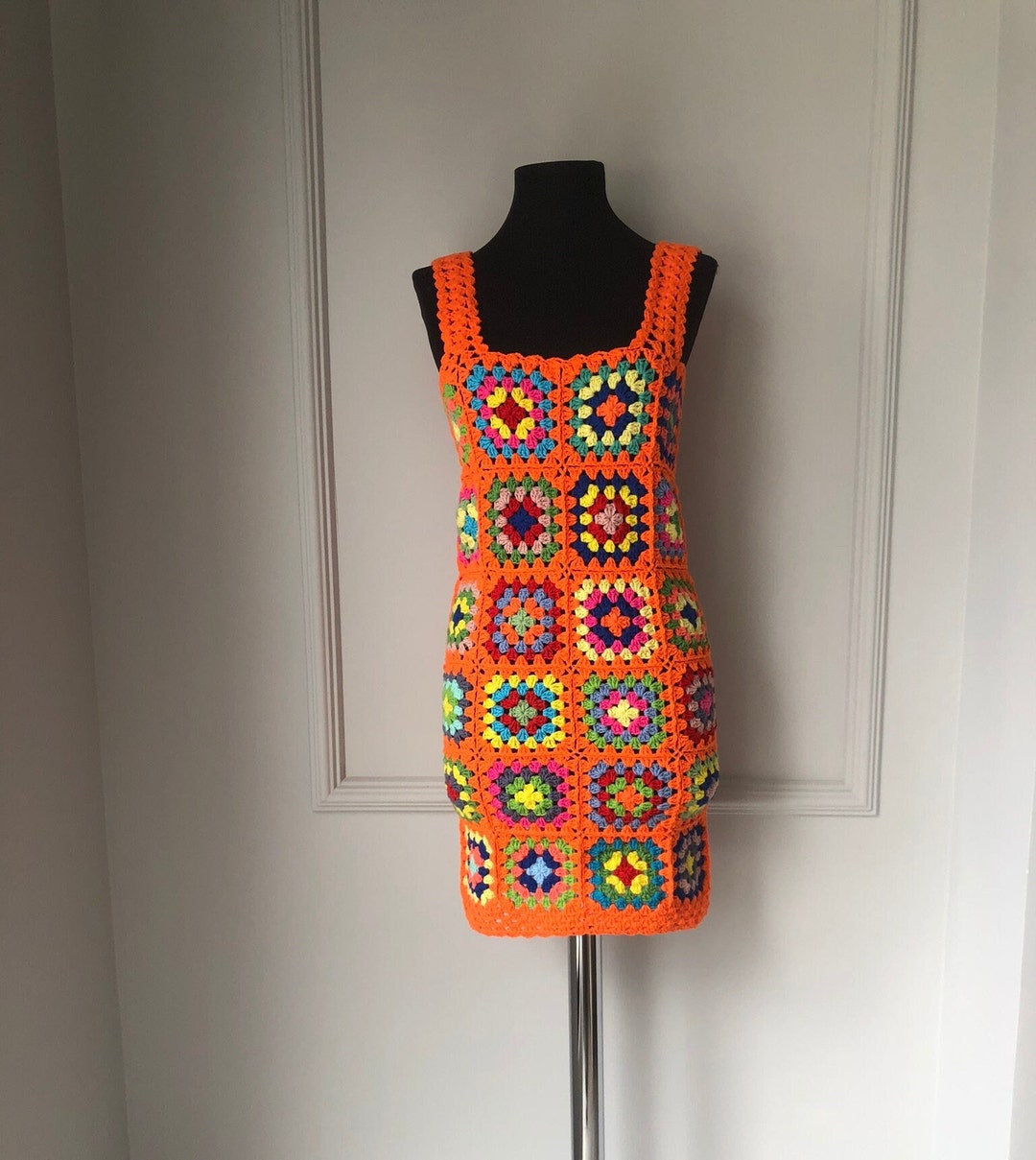 Crochet Mini Dress, Granny Square Dress, Knit Orange Dress, Crochet ...