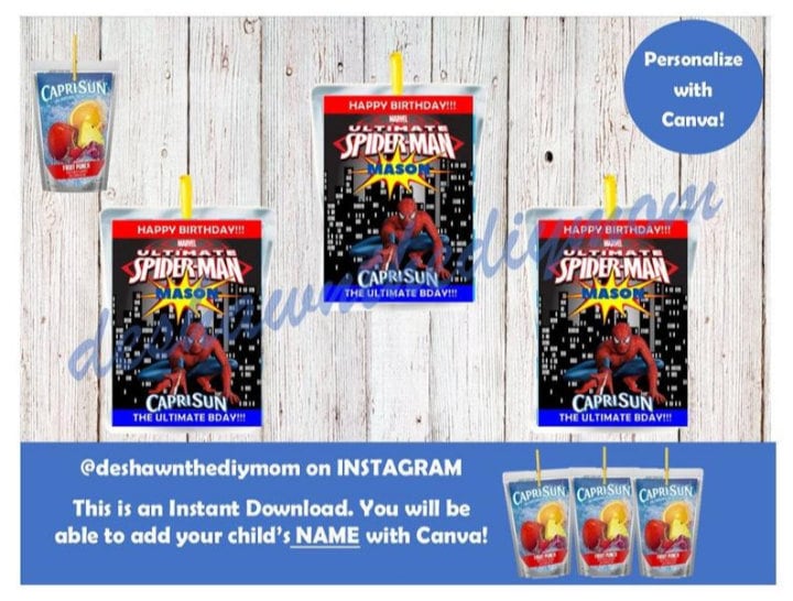 Spiderman Capri Sun Pouch Labels/ Party Favors/ Spiderman Party ...