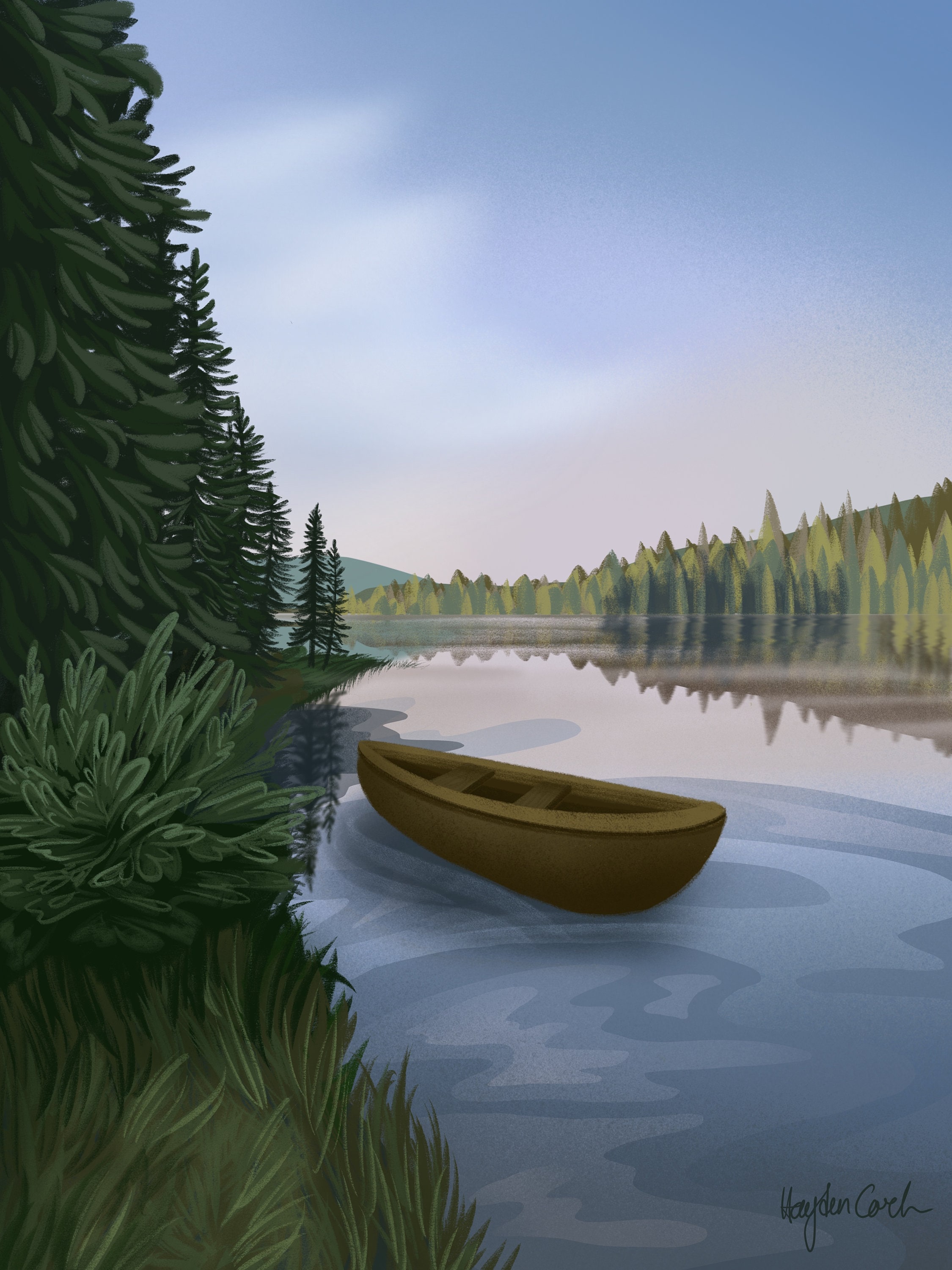 Sunset Canoe Art Print | Calm Lake Art Print | Lake Art | Scenic ...