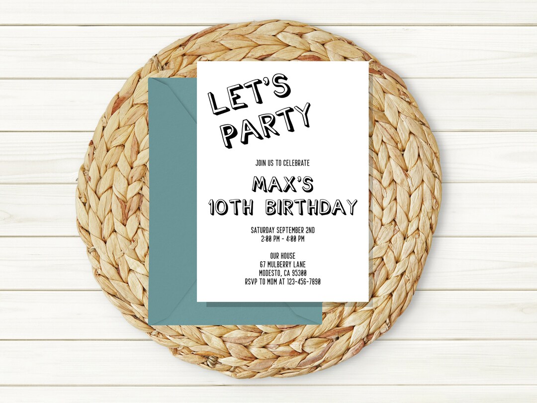 Let's Party Invitation | Simple Birthday Invitation | Minimalist Black ...