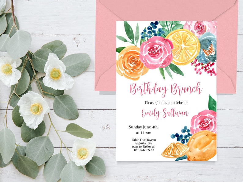Floral Brunch Invitation | Birthday Brunch | Lemon Floral Invitation ...