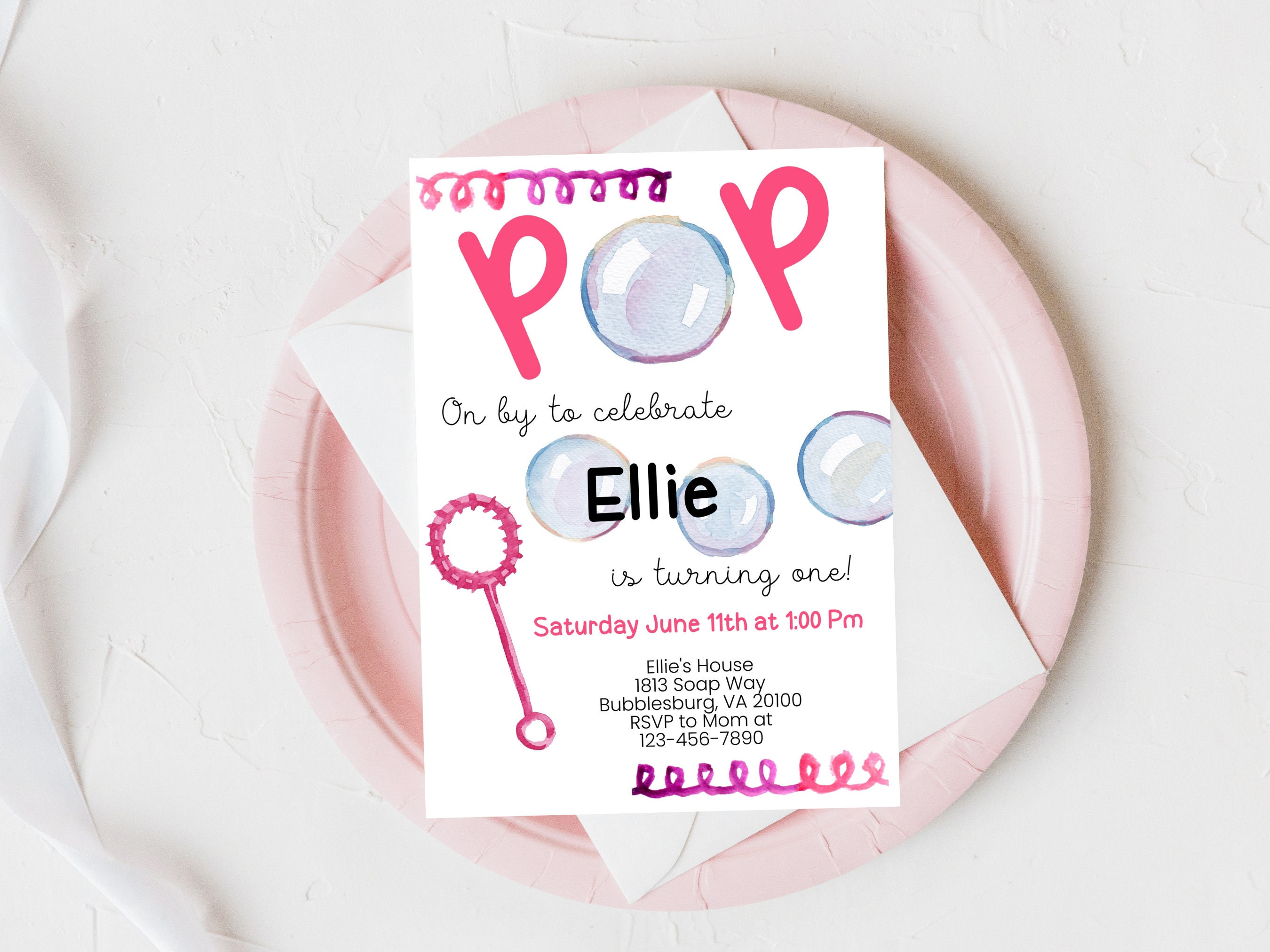 Bubble Birthday Invitation Pink Bubbles Invite Blowing Bubbles ...