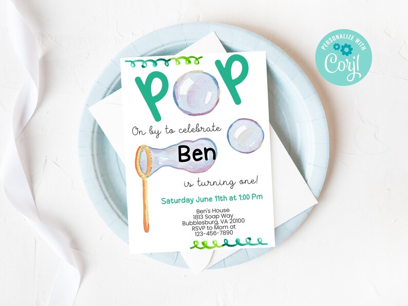 Bubble Birthday Invitation Blue Bubbles Invite Blowing - Etsy